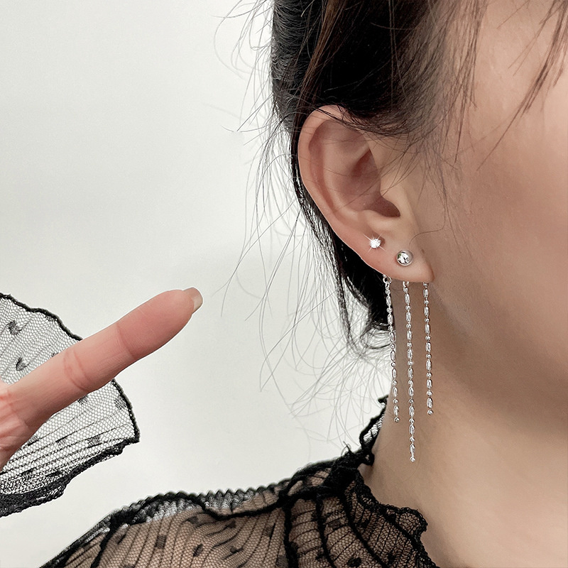 Tassel Wavy Long Earring Wheathead Round Bead Back Pendant Earring ...
