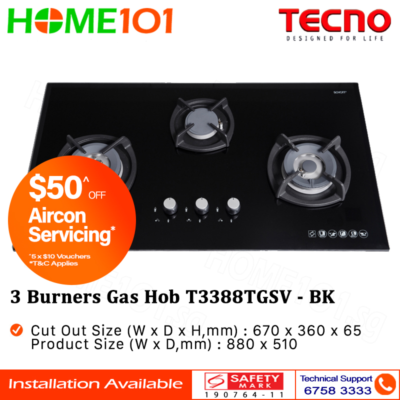 Tecno Glass Cooker Hob 3 Burners T3388TGSV - Black - LPG / PUB - FREE ...
