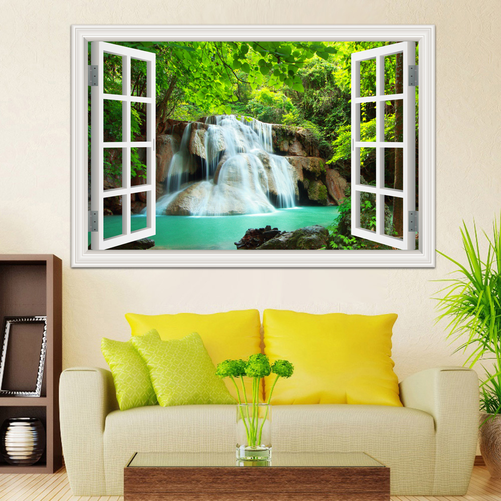 【Hottest Trends】Waterfall Forest 3d Window View Wall Sticker Vinyl ...