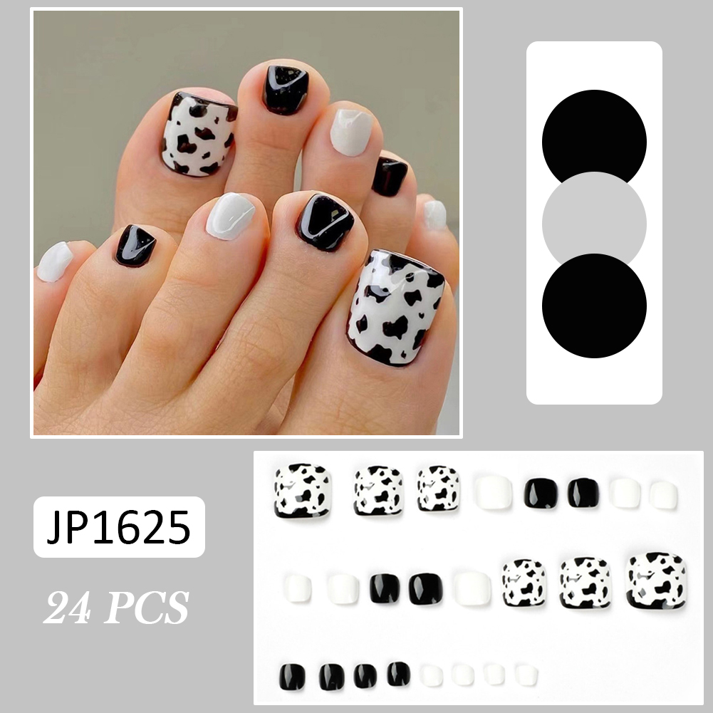 JP1625 24pcs Artificial Toenails Black White Leopard Print with Jelly ...