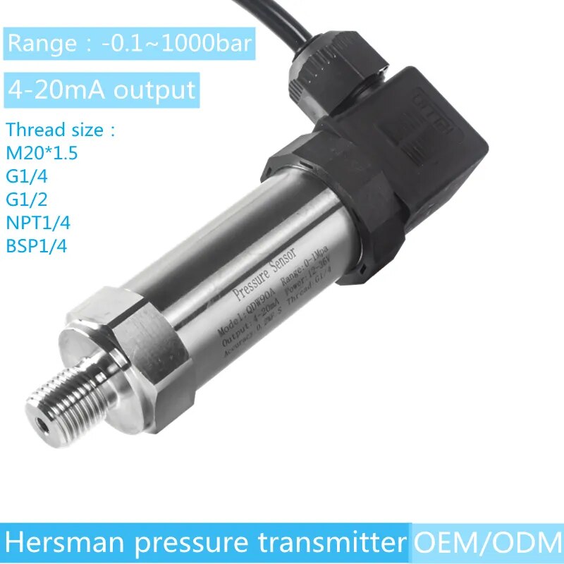 Hersman 4-20mA Output Pressure Transmitter 12V 24V Supply Water Gas Oil Liquid Sensor 100mbar ...