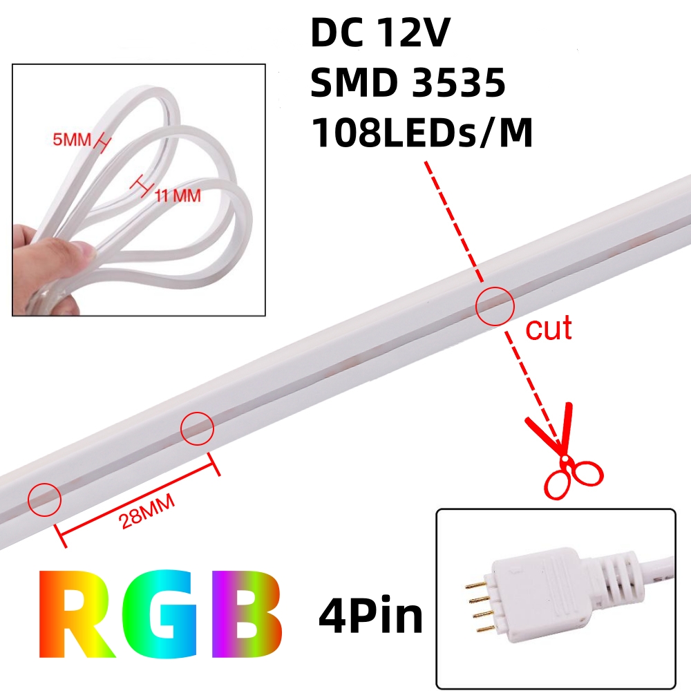 RGB Neon LED Strip 12V 24V 108LEDs/M Flexible Waterproof Silicone Lamp ...