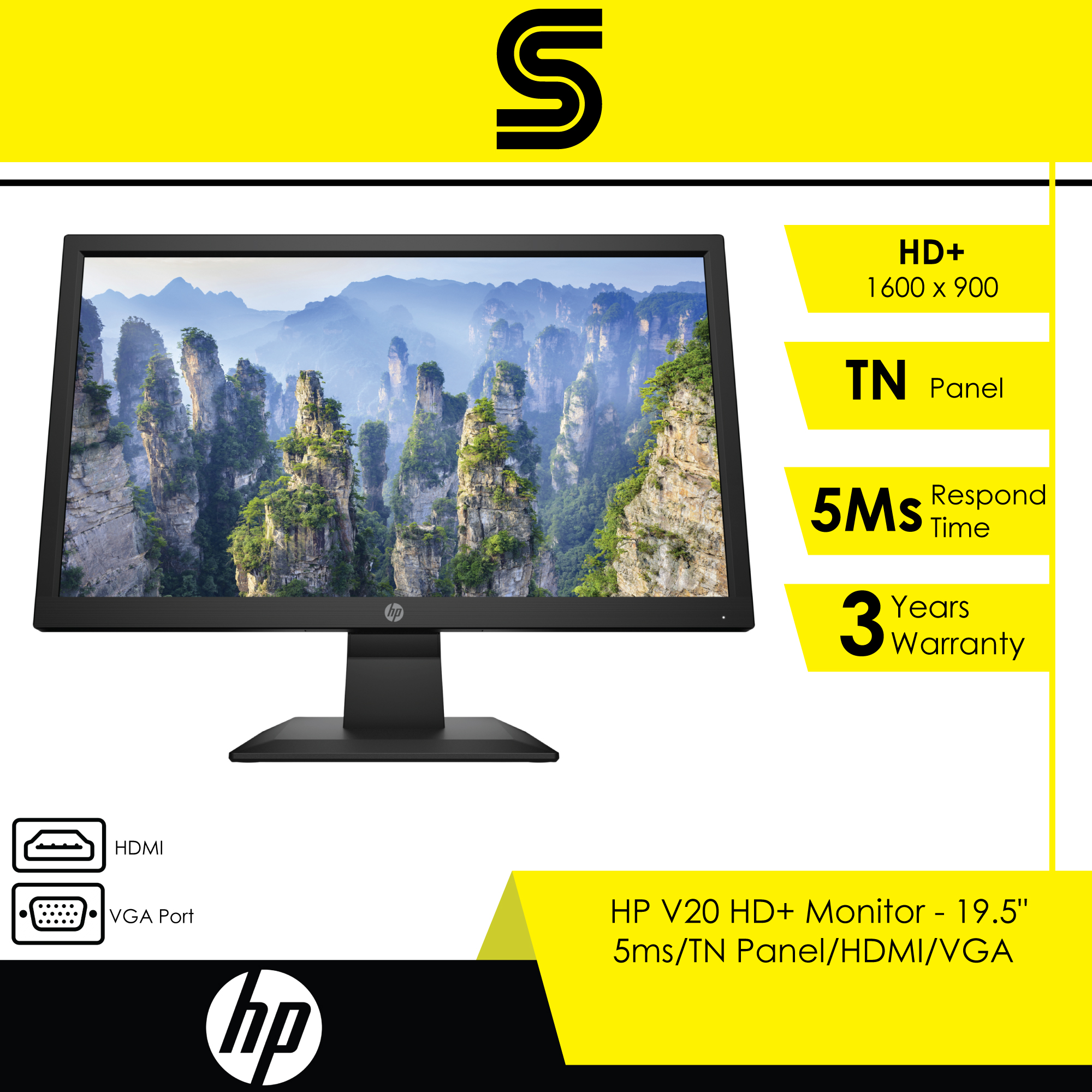 HP V20 HD+ Monitor - 19.5" 5ms/TN Panel/HDMI/VGA | Lazada
