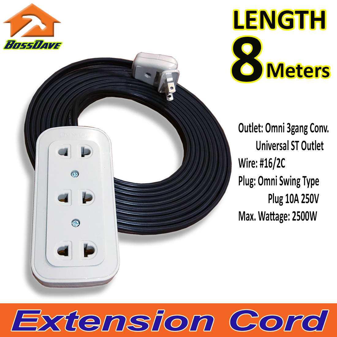 Extension Cord with Omni Swing Type Plug and Outlet 8 Meters in Length ...