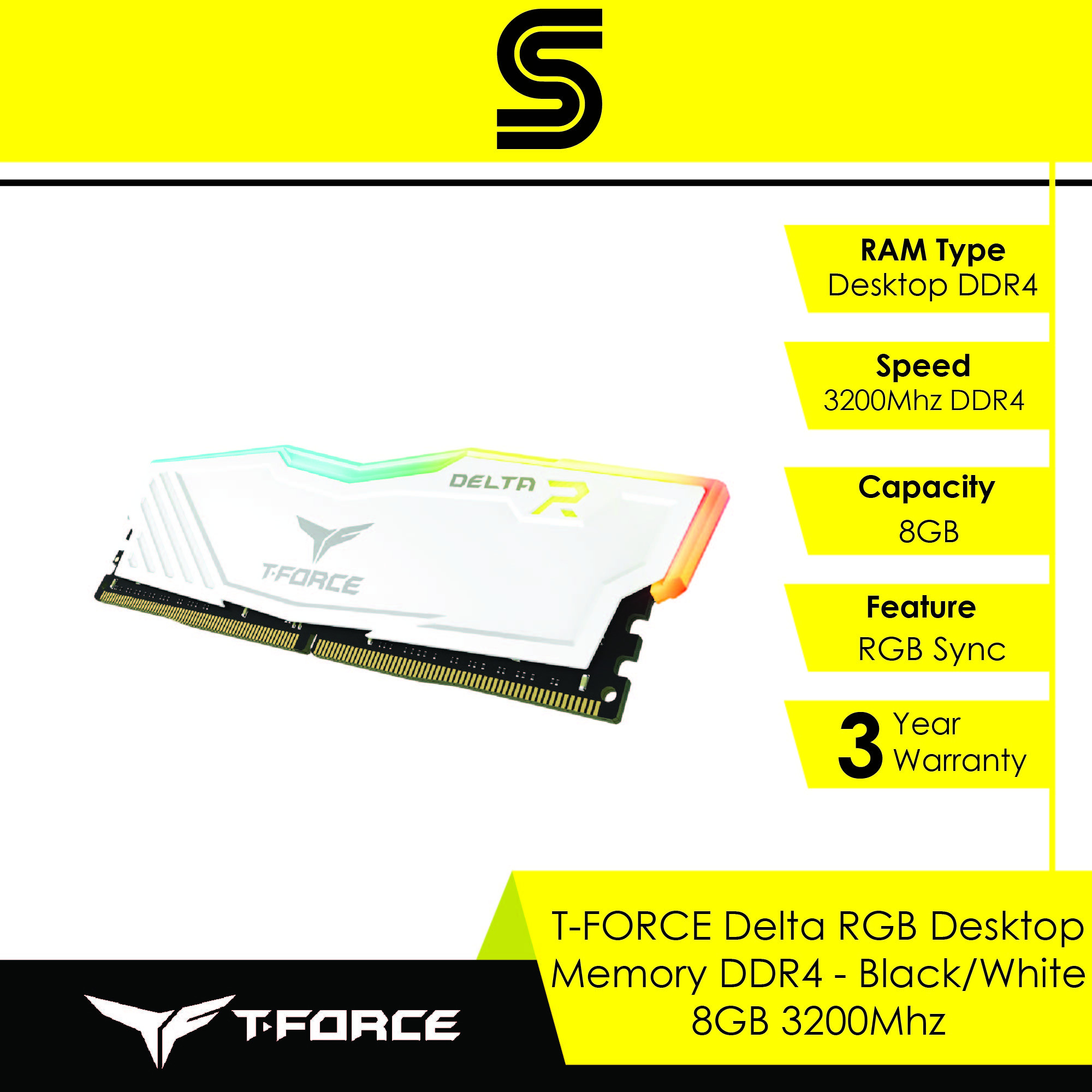 T-FORCE DELTA RGB DDR4 Desktop Memory 8GB 3200Mhz (Black/White) | Lazada