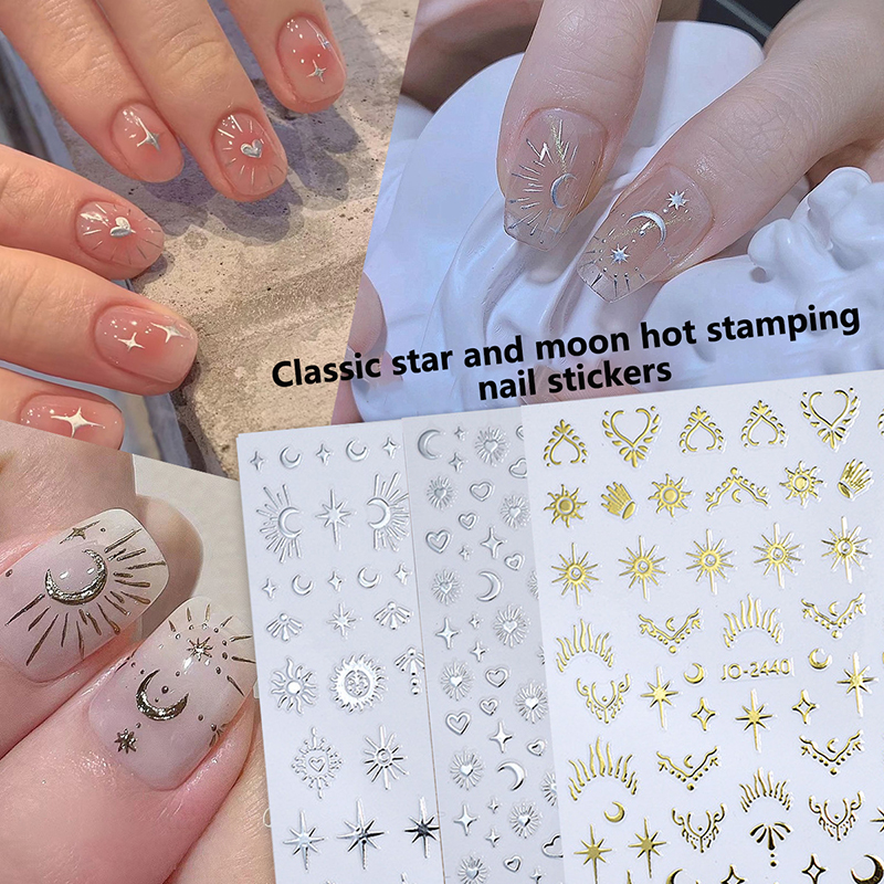 3D Sun/Moon/Star Hot Stamping Nail Art Sticker Nail Decal Gold Silver ...