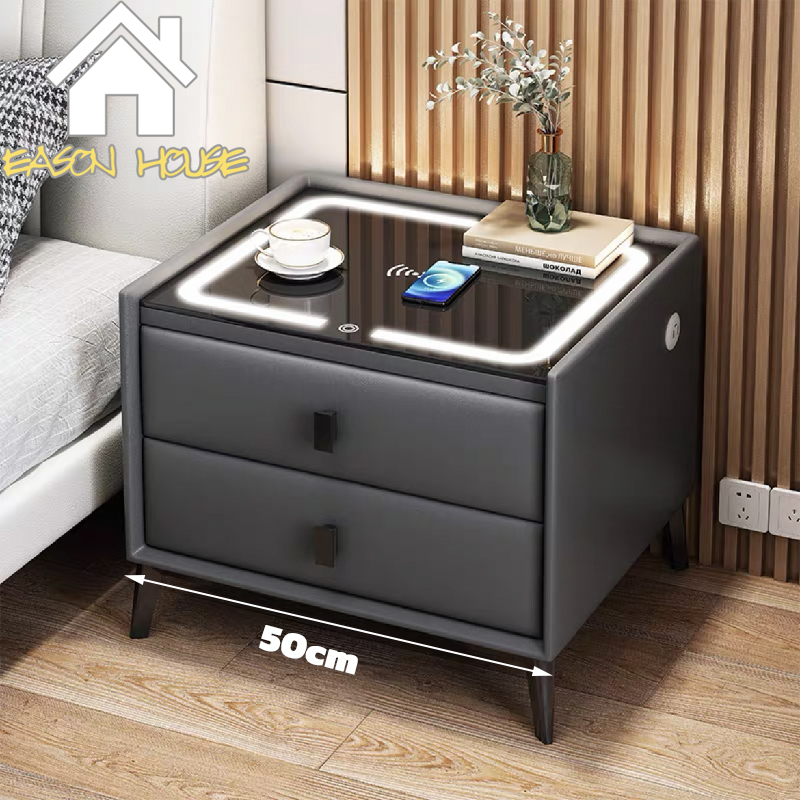 Intelligent leather bedside table modern solid wood multifunctional ...