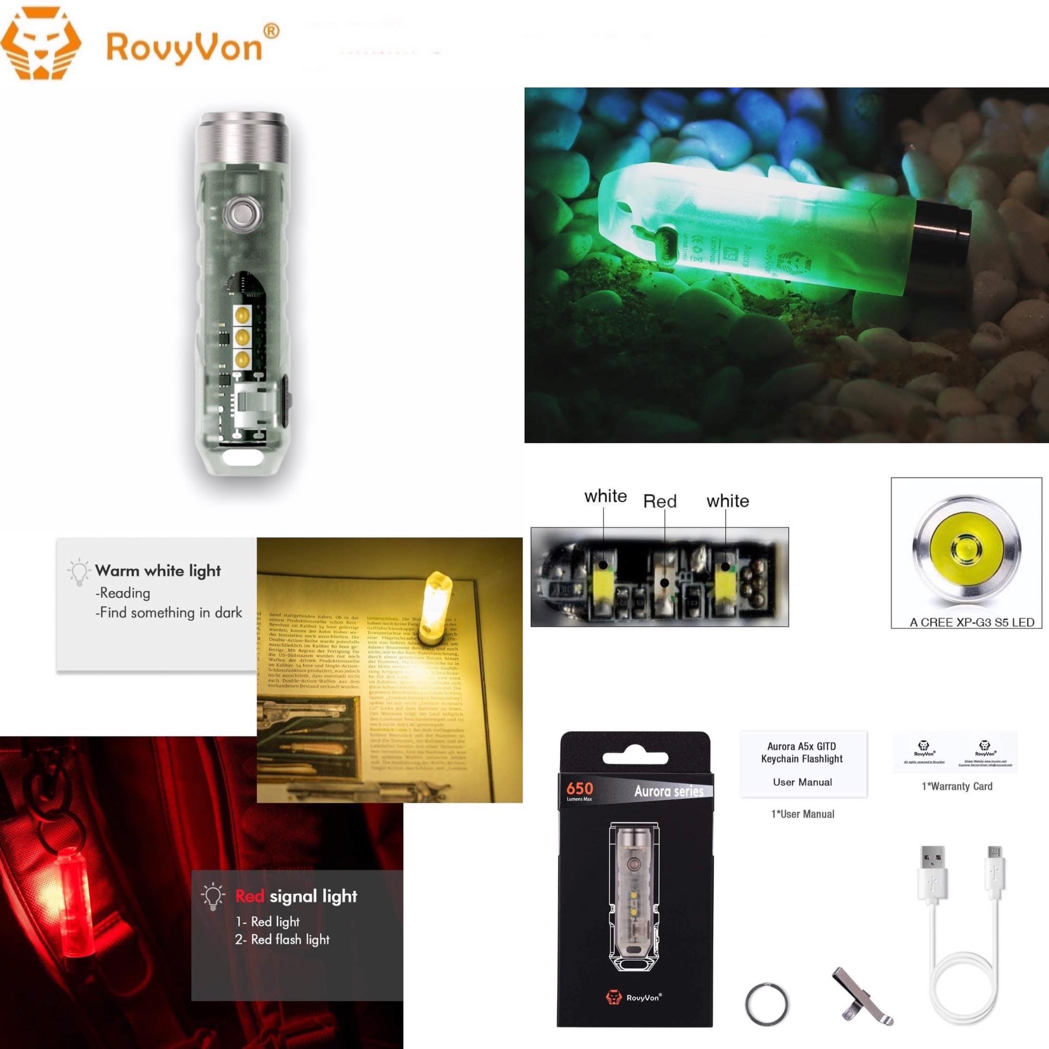 RovyVon Aurora A5x Red/White Green GITD Keychain Flashlight ...