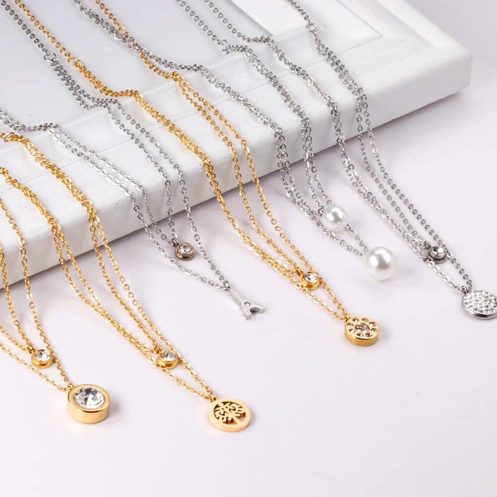 LUXUSTEEL Minimalist Double Layer Chain CZ Crystal Moon Pendant ...