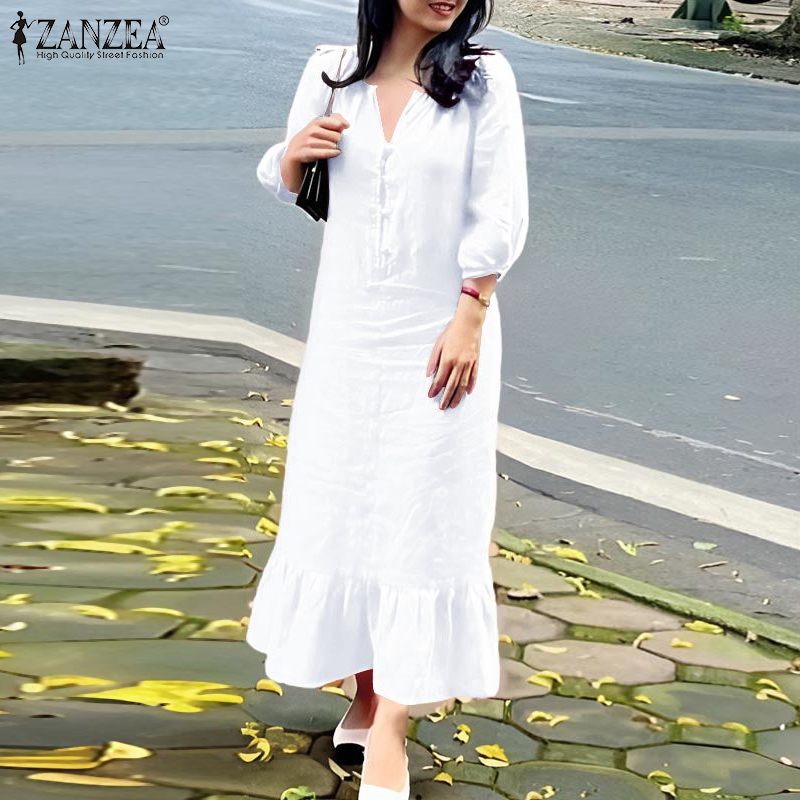 Celmia ZANZEA Womens Plain Midi Dress Casual Loose Ruffle Sundress ...