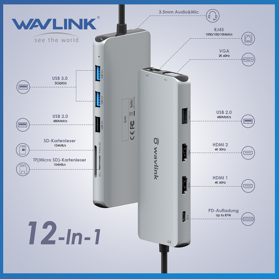Wavlink 4K USB C HUB Triple Docking Station, 12 in 1 Multiport Laptop ...