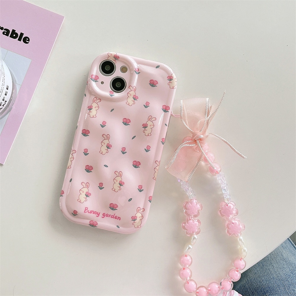 Korean Cute Floral Rabbit Pink Star Flower Phone Chain Soft Phone Case ...