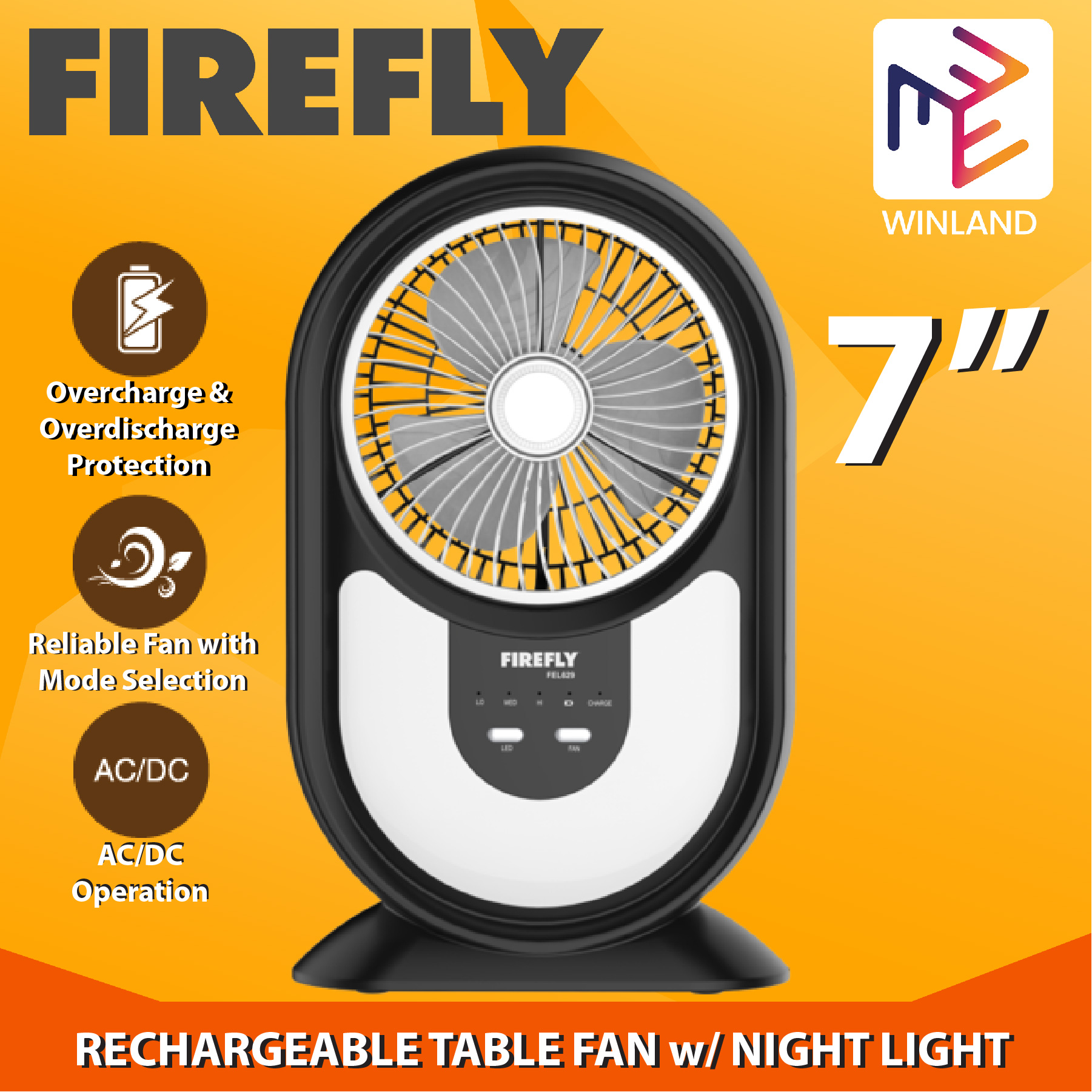 FIREFLY by Winland Rechargeable 7" Mini Table Fan w/ Night Light w ...