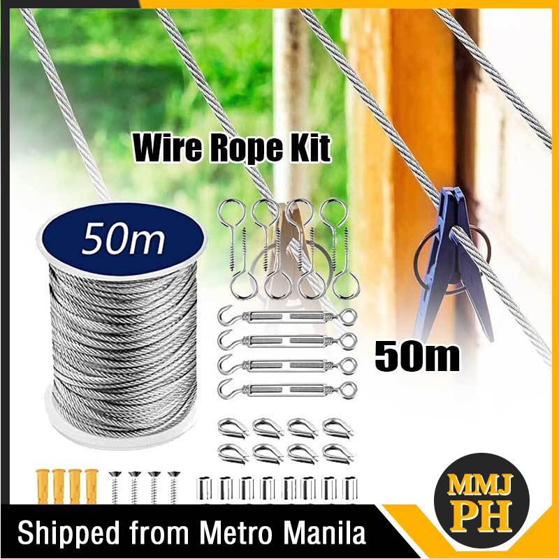 50M Stainless Steel Wire Rope Kit Clothesline For Cable Railing Garden ...