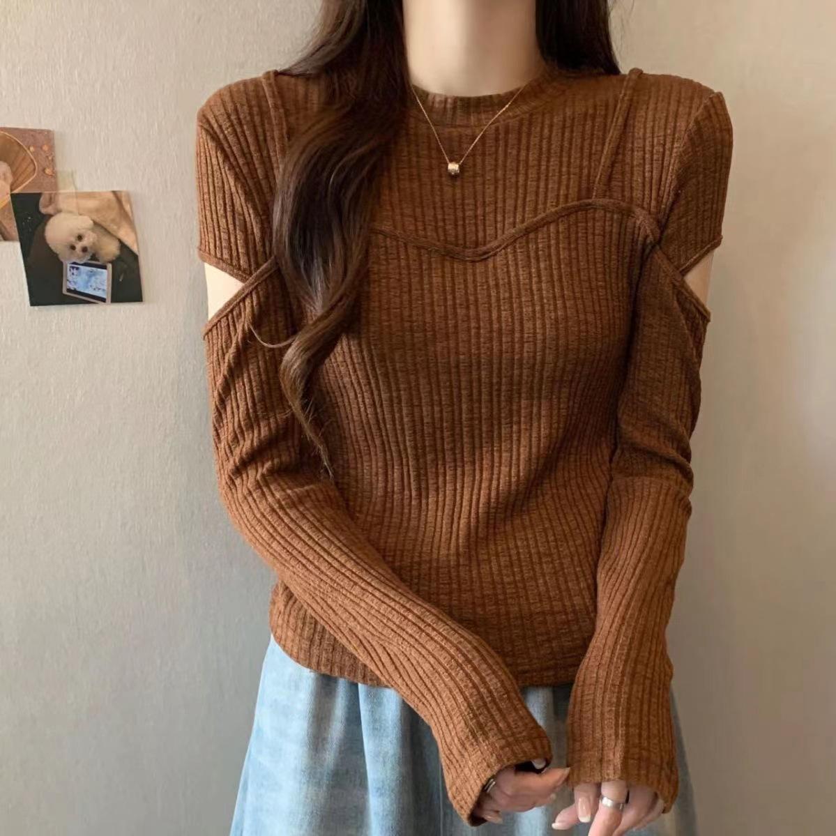 Yuki-CF0679 เสื้อแขนยาวคอกลม เสื้อไหมพรมแขนยาว แต่งแขนขาด (K350 ...