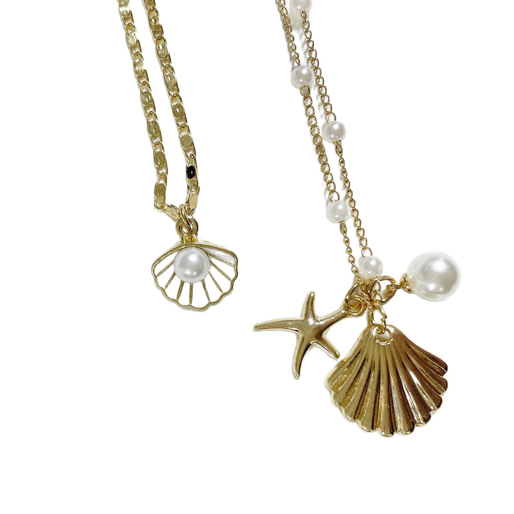 Enacolor 2Pcs/Set Multi-layer Stacking Ocean Pearl Starfish Shell Pendant Necklace for Women ...