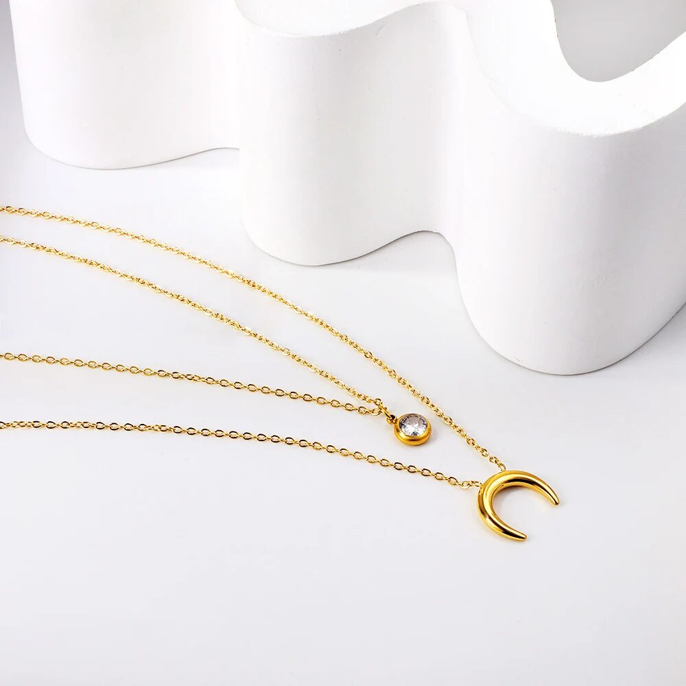 LUXUSTEEL Minimalist Double Layer Chain CZ Crystal Moon Pendant ...