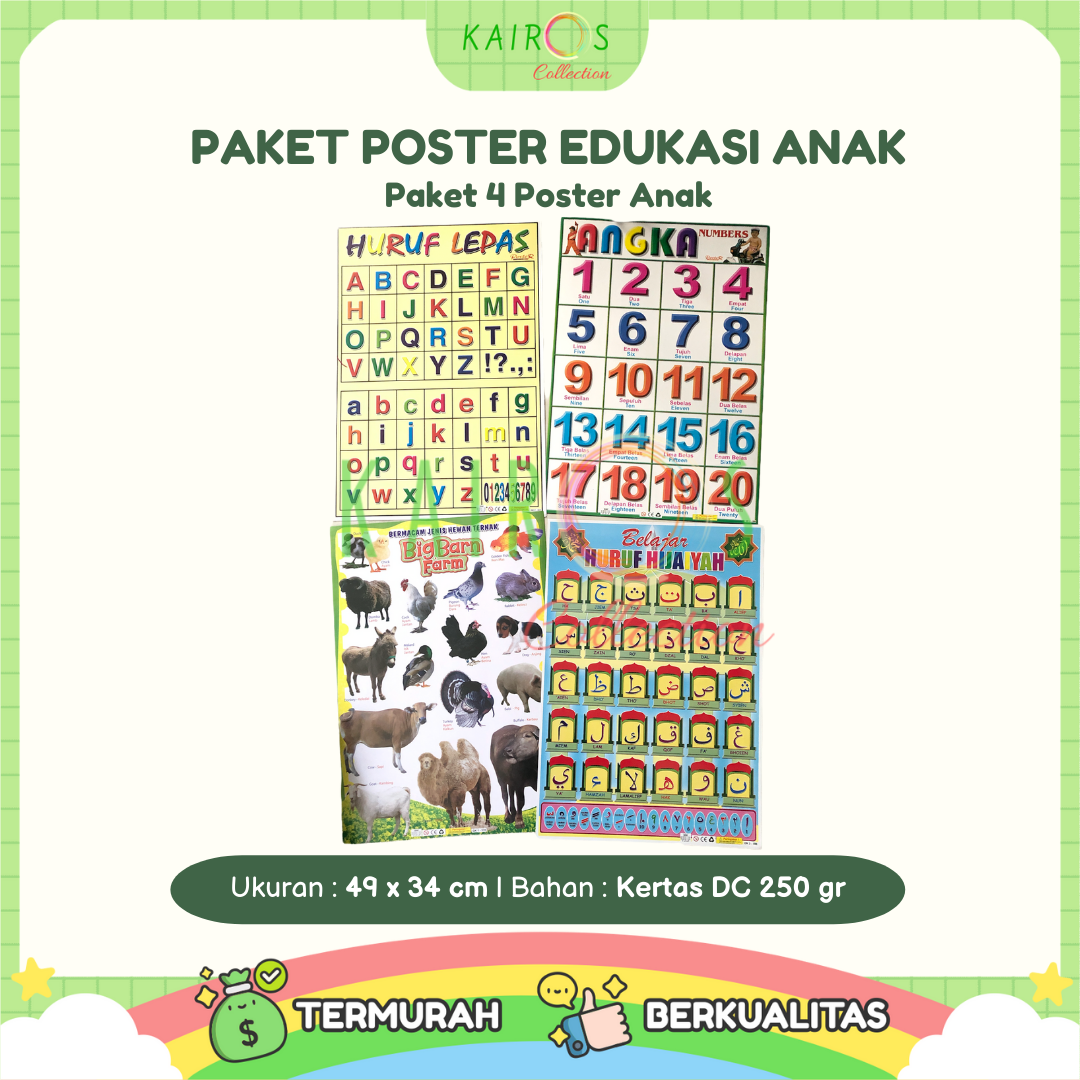 Paket 4 Poster Belajar Anak Edukasi Mengenal Huruf, Angka, Hijaiyah dan Hewan | Lazada Indonesia