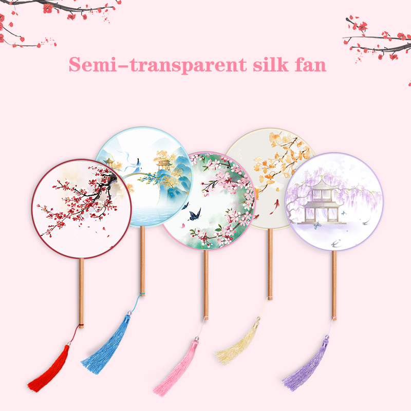 Chinese Round Hand Fan Vintage Printing Silk Fan Ancient Tassel Dance ...