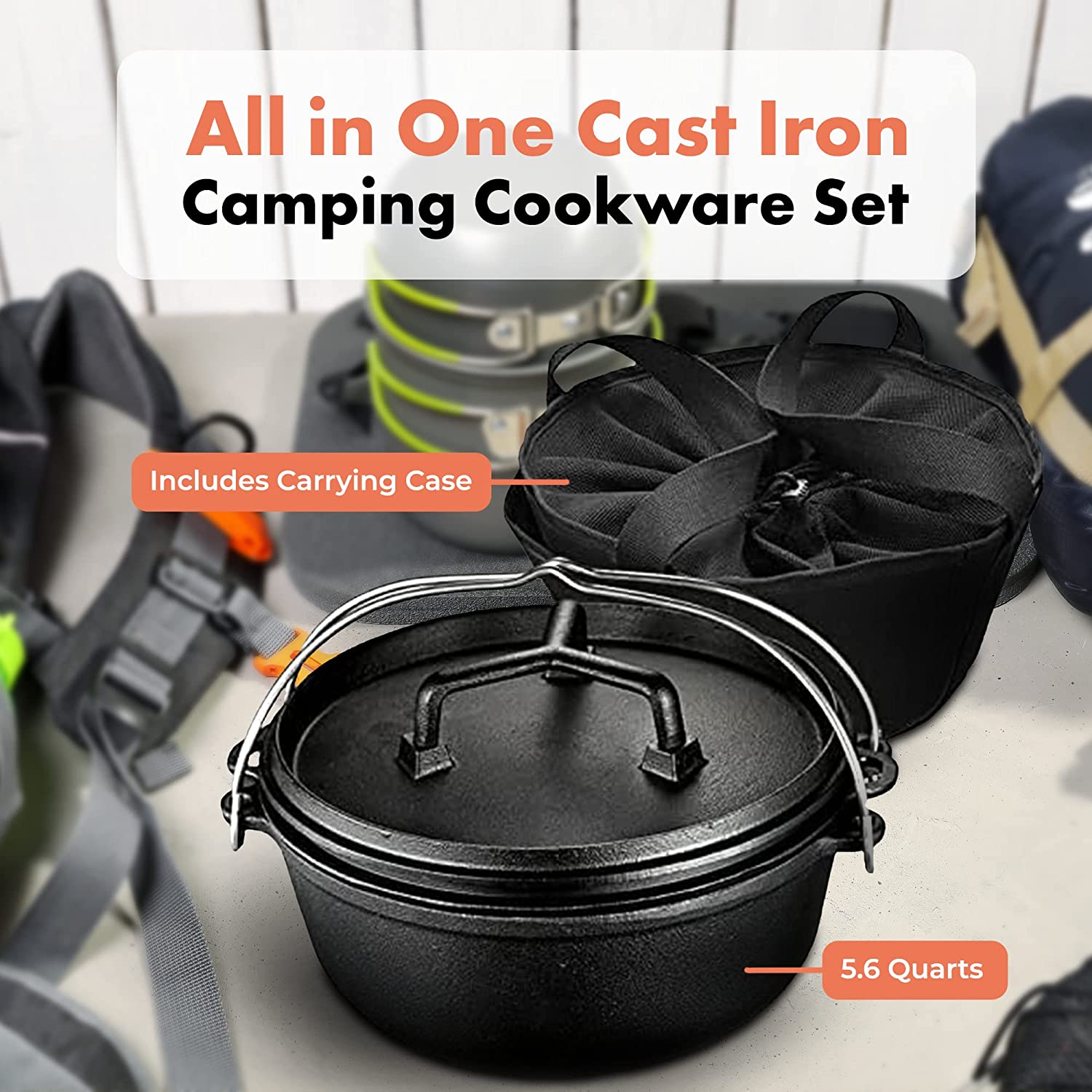 Pre-Seasoned All in 1 Cast Iron Camping Cookware Set - Stock Pot ...