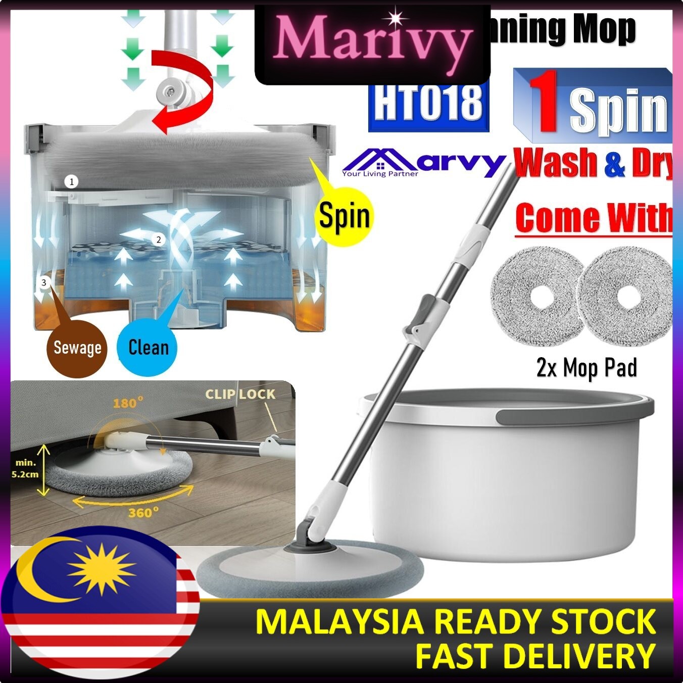 360 Degree Spin Mop Clean Water & Sewage Separation Mop With Bucket ...