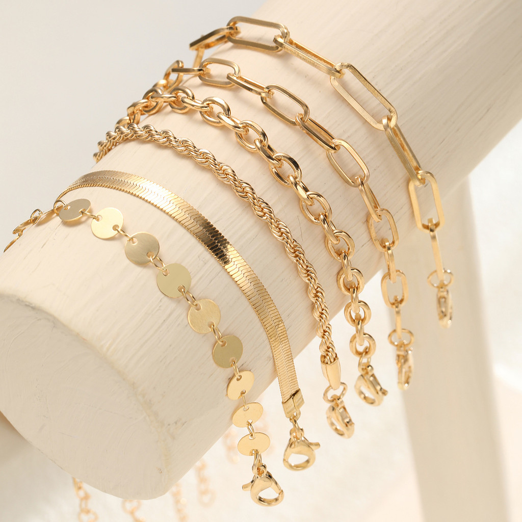 6Pcs/Set Elegant Women Male Gold Metal Wafer Snake Bone Chain Bracelet ...