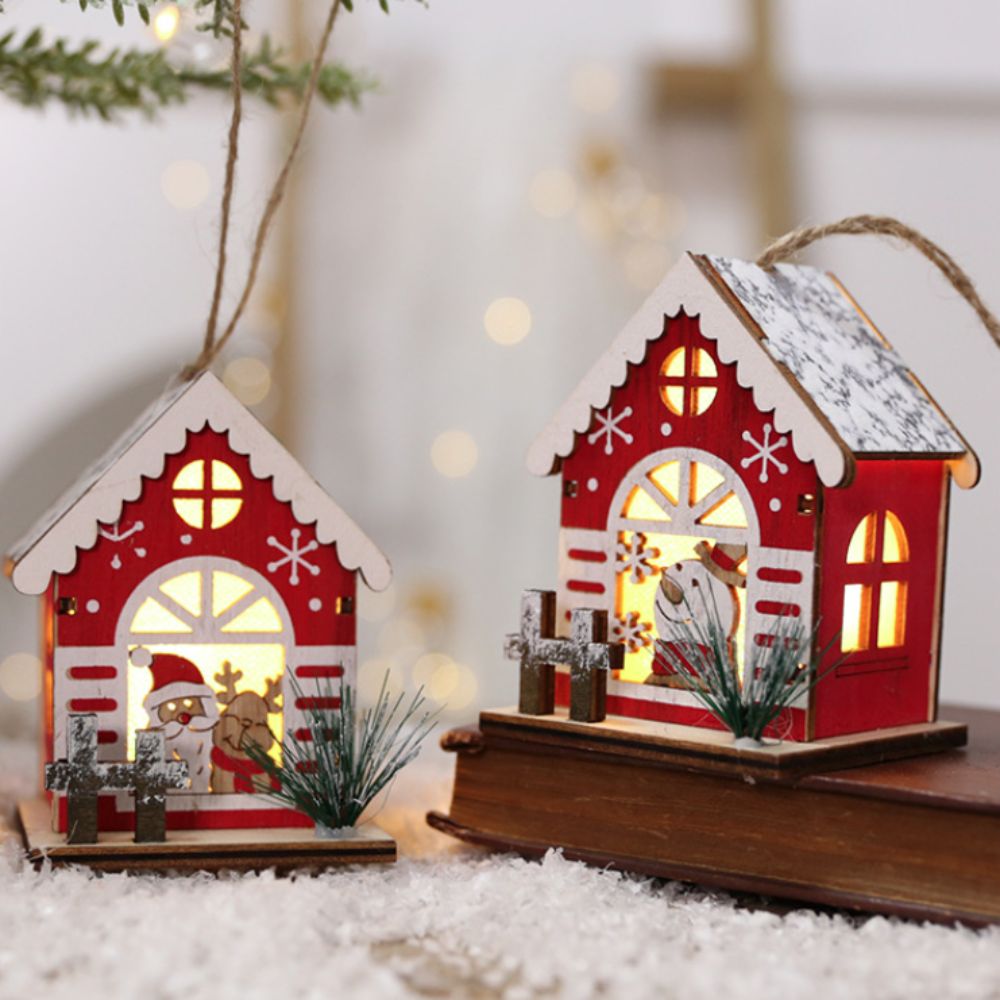 Mini Luminous Christmas Cabin Ornament Wooden Simulation Christmas Tree ...