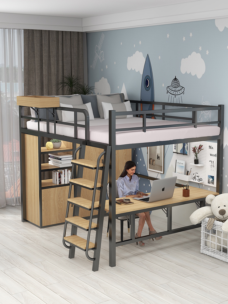 Small apartment loft bed iron elevated bed multifunctional space-saving Nordic custom iron frame ...