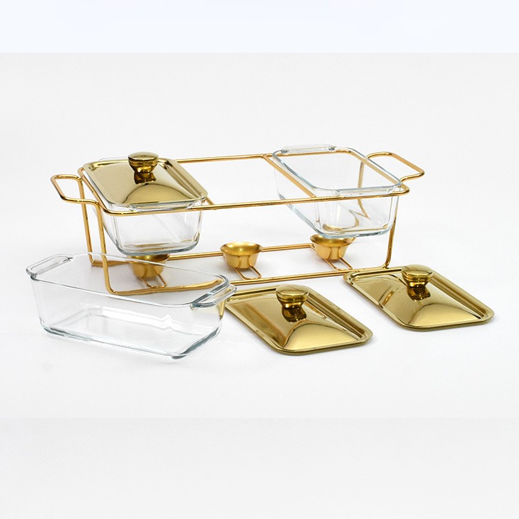 Buffet Stove Chaffing Dish Golden Rectangular Three-Grid Glass Dining ...