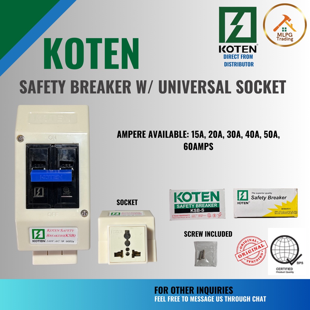 Koten Safety Breaker with Universal Socket (KSB-S) 2POLE (15, 20, 30 ...