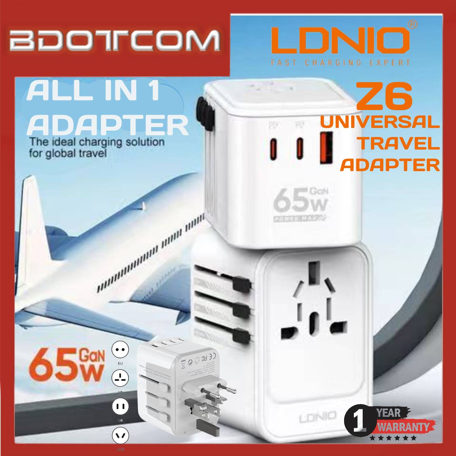 LDNIO Z6 65W GaN Universal Travel Adapter PD 65W + QC 3.0 Super Fast ...