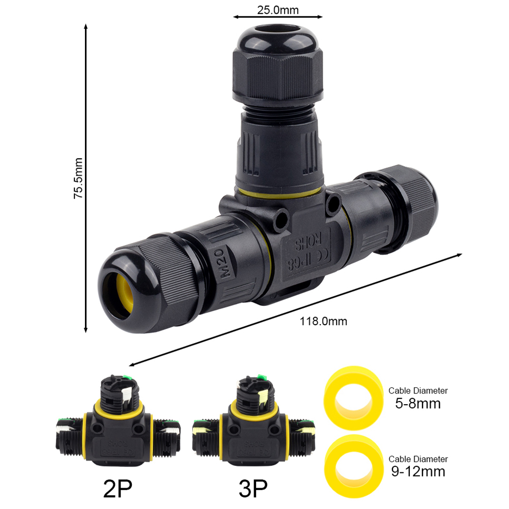 Ip68 M20 T Type 3 Way Waterproof Cable Connector 2/3pin Lever Wiring ...