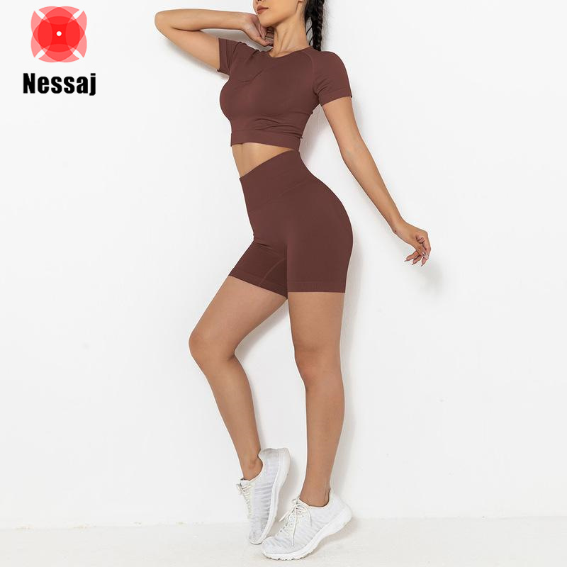Nessaj ชุดสูทแขนสั้นไร้รอยต่อถักผู้หญิง,ชุดออกกำลังกายโยคะยกสะโพกแห้ง ...