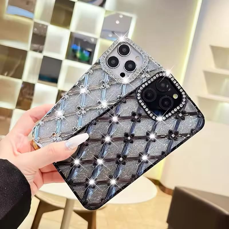Glitter Plating Diamond Rhombus Clear Case for IPhone 15 pro max Bling Rhinestones Soft Silicone ...