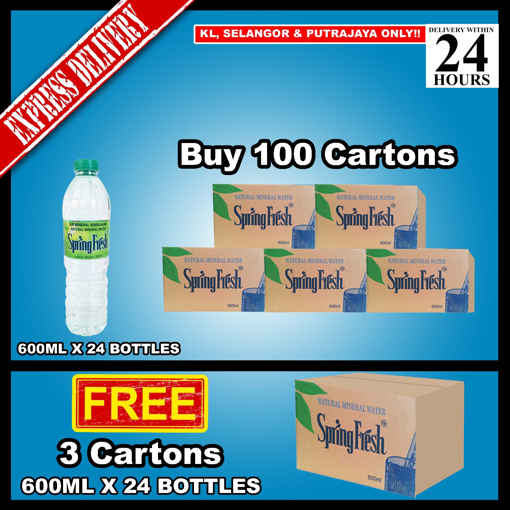 BUNDLE OF 100 CARTONS : SPRING FRESH MINERAL WATER 600ML x 24 BOTTLES ...