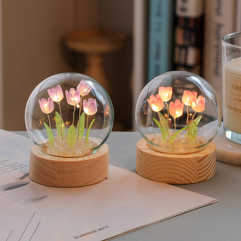 LED Tulip Crystal Glass Ball Night Light Home Bedroom Mini Flowers ...