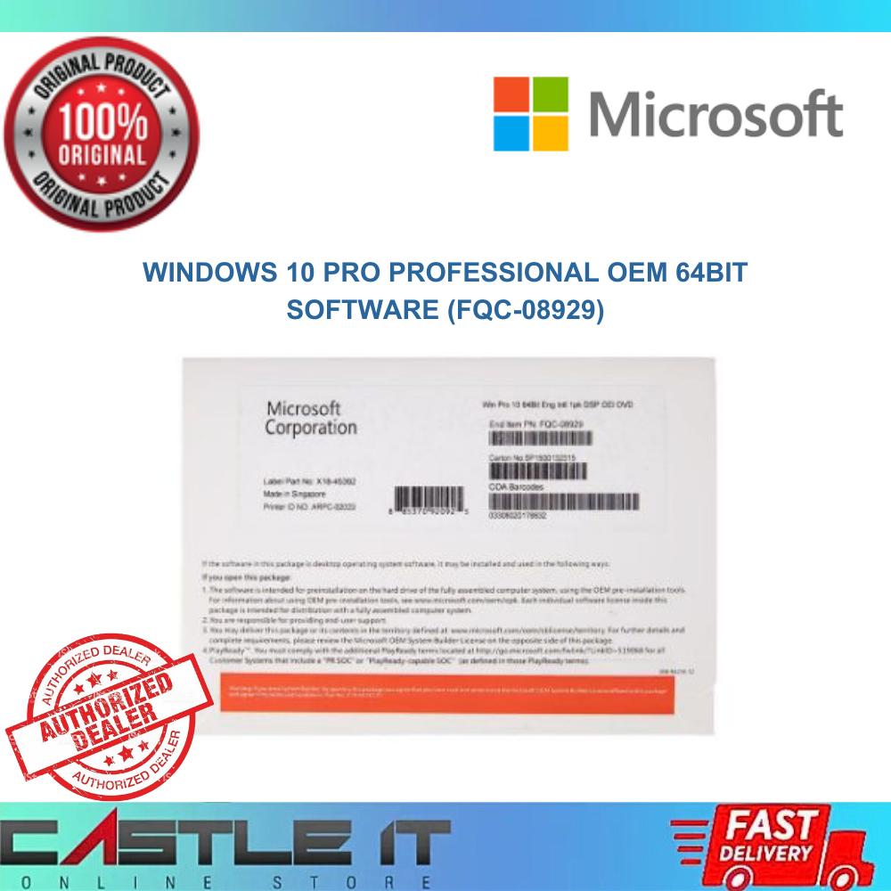 MICROSOFT WINDOWS 10 PRO Professional OEM 64BIT SOFTWARE (FQC-08929) | Lazada
