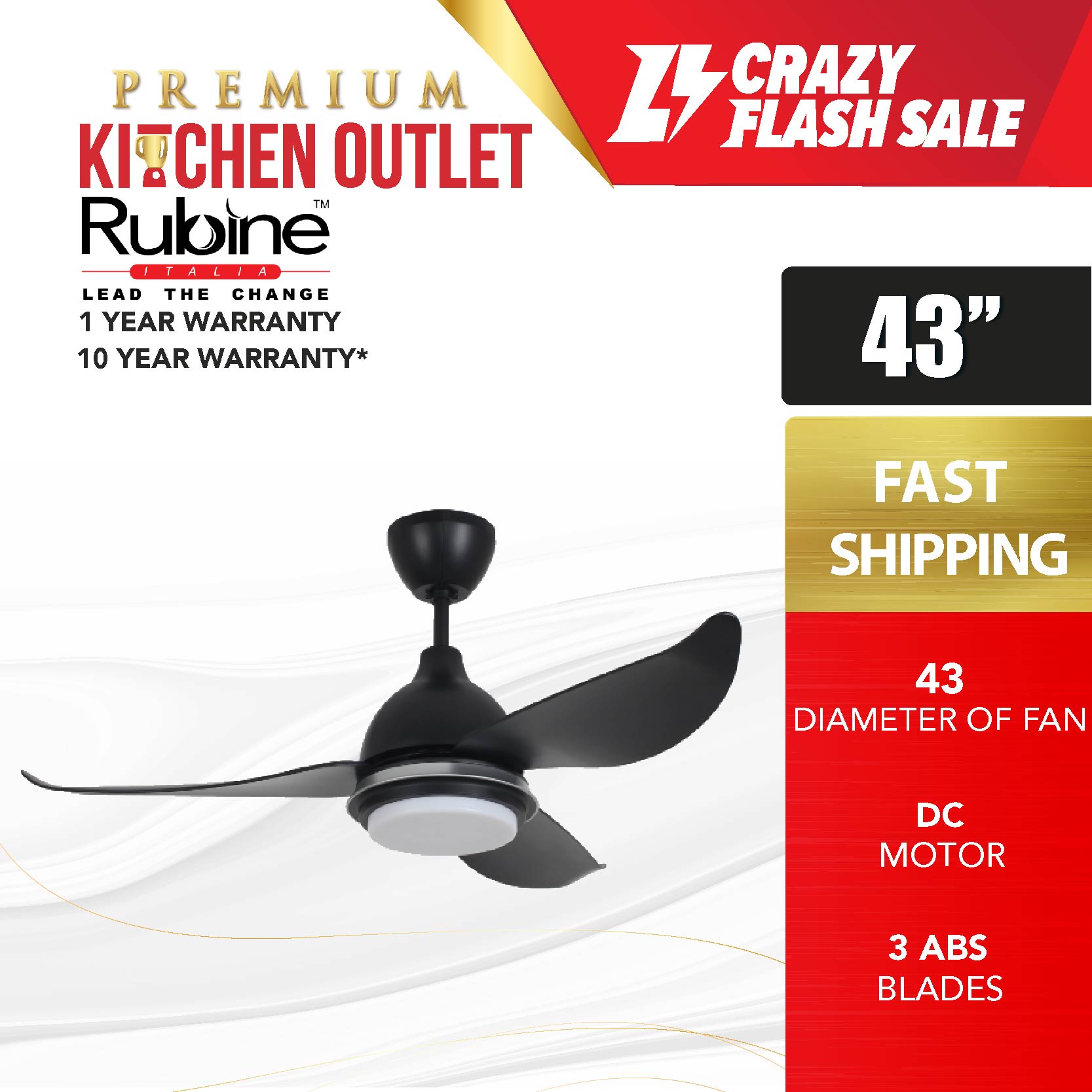 Rubine Gavia 43'' 3 Blade | DC Motor 12 Speed Turbo Ceiling Fan | RCF ...