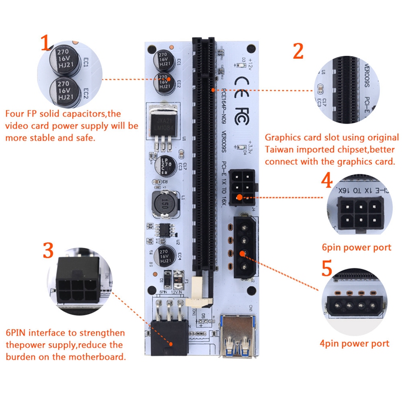 6PCS Molex PCIE Riser Card VER009S PCI-E 1X to 16X Extender PCI Express ...