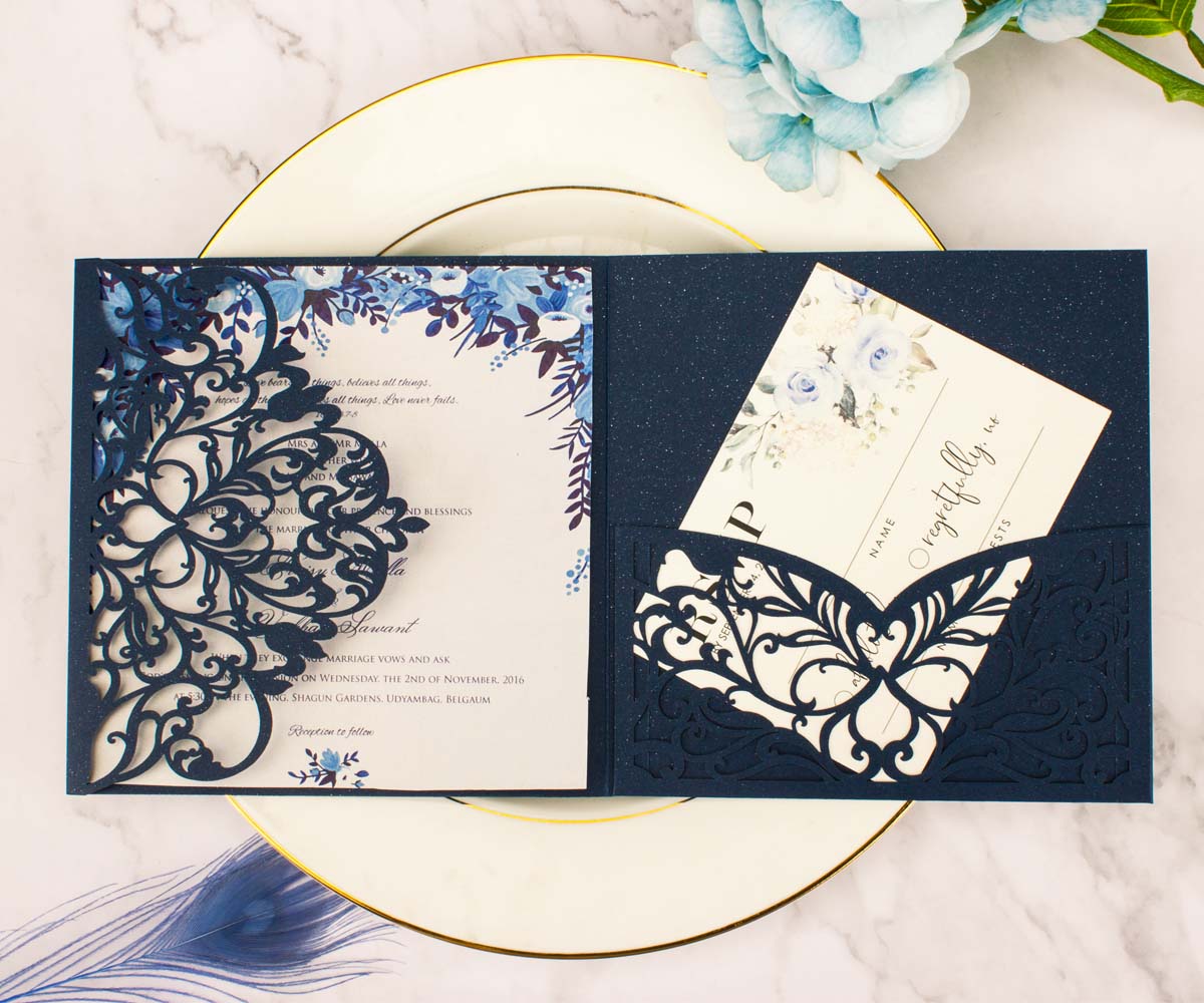 1pcs Dark Navy Blue tri fold envelope pocket cut wedding invitation ...