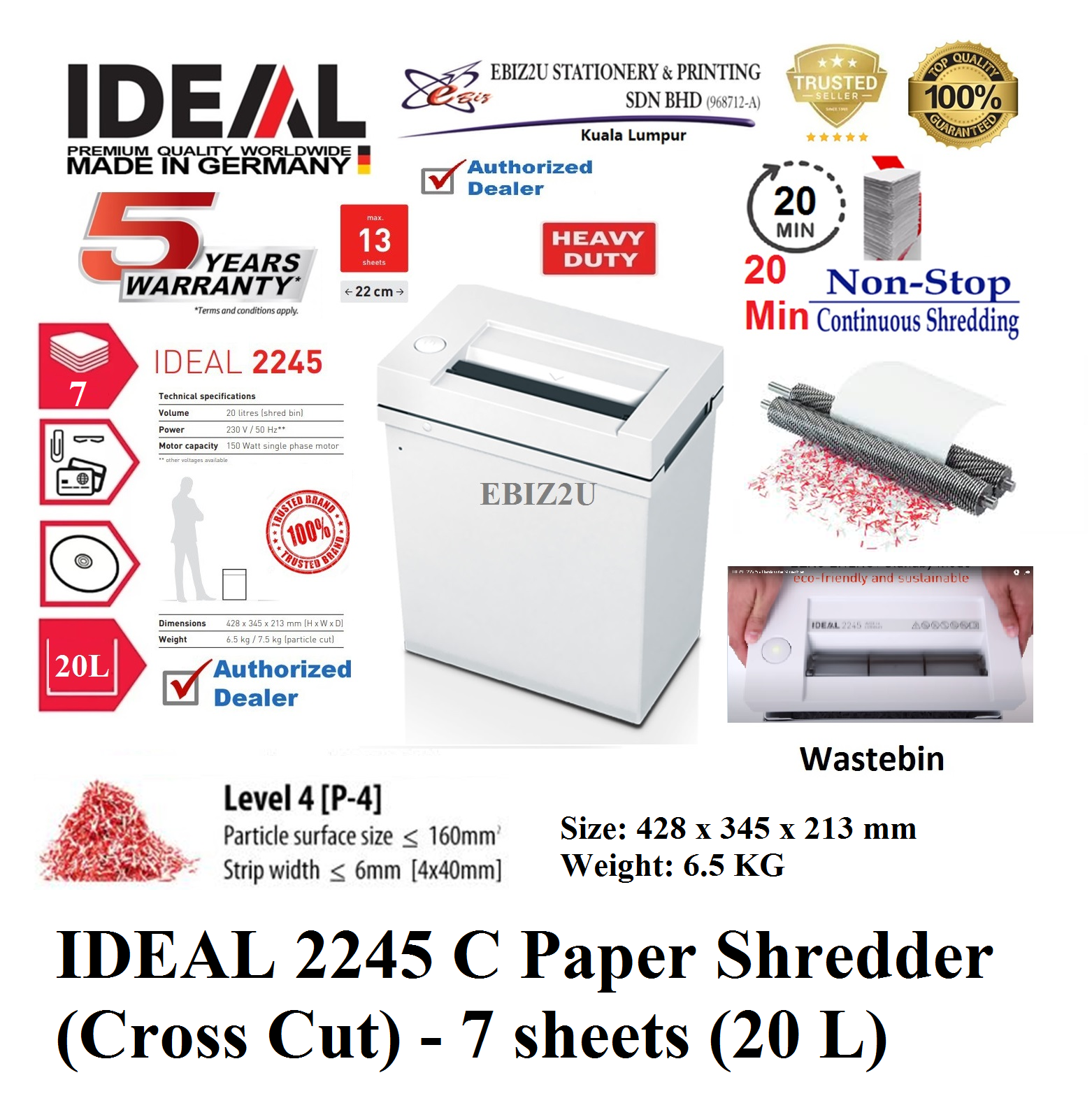 IDEAL 2245 C Paper Shredder (Cross Cut) - 7 sheets (20 L) 5 Year Warranty 2245CC, 2245C (Cross ...
