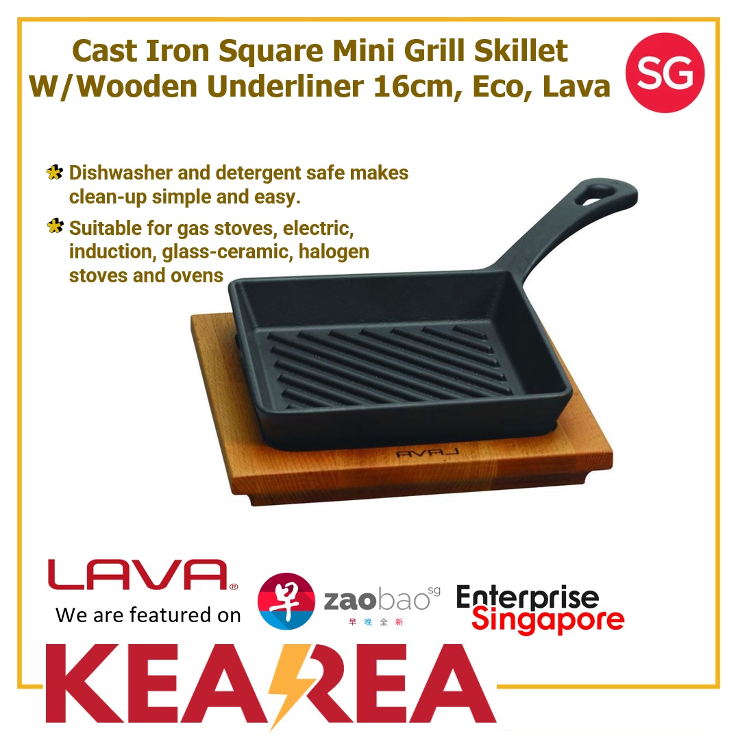 Lava Eco Cast Iron Square Mini Grill Skillet W/Wooden Underliner 16cm ...