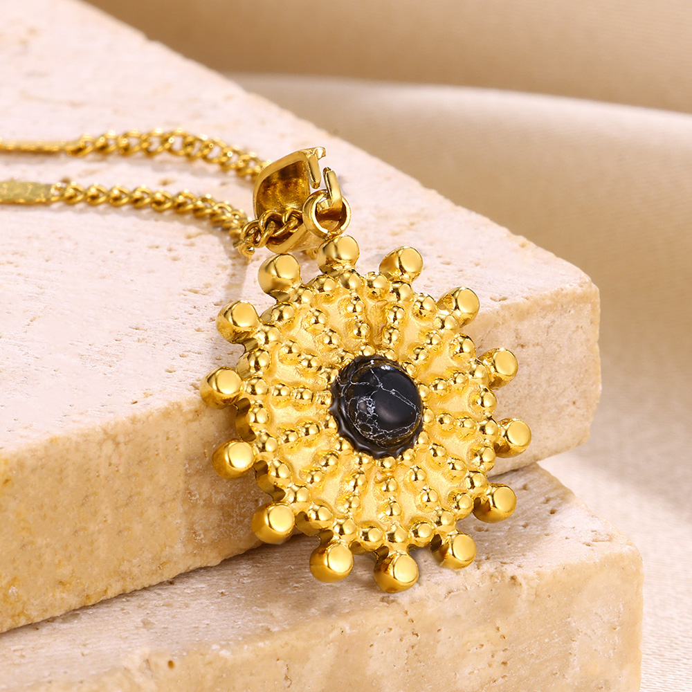 Natural Stone Round Necklace Stainless Steel Aesthetic Texture Pendant ...