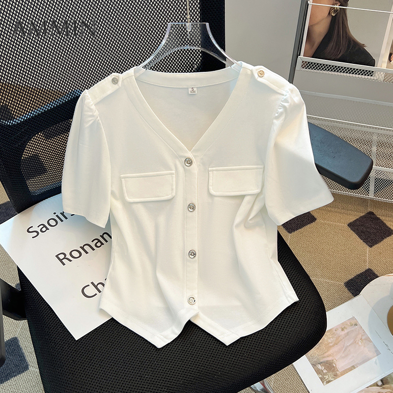 Ammin 2024 Mùa Hè Đơn Giản Giản Dị V Cổ Ngắn Tay Cotton Áo Phụ Nữ Của phong cách ngắn Một hàng ...