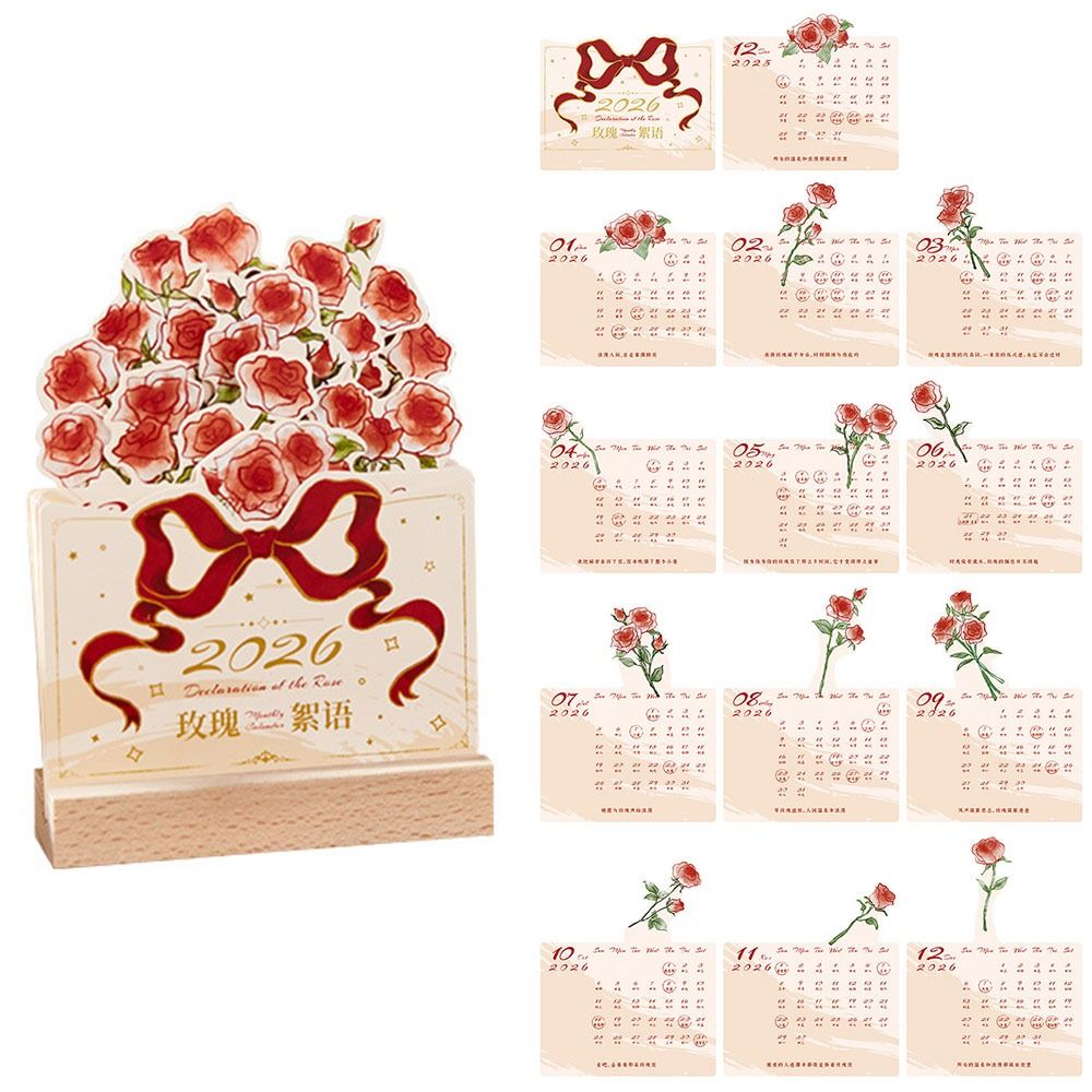Simple 2026 Desk Calendar Rose Painting With Wooden Base Mini Calendar ...
