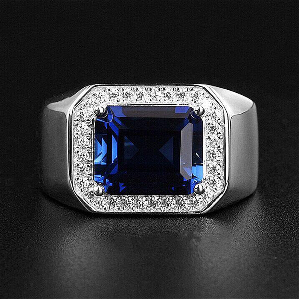 【I was hyped up】Blue corundum sapphire open men's ring silver plated ...