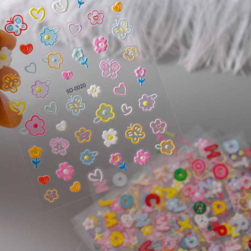 Dopamine Colored Relief Nail Stickers Cartoon Line Flower Cute Nail ...
