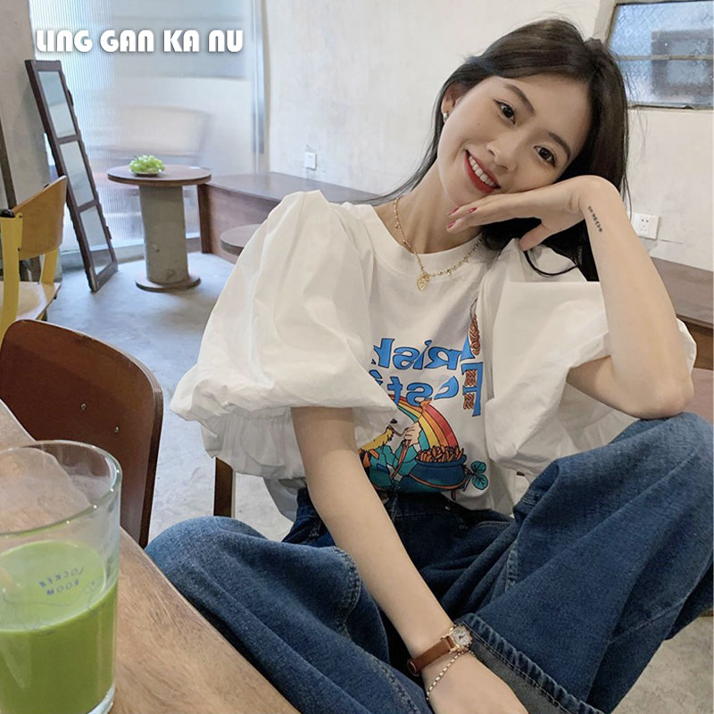 LING GAN KA NU ผู้หญิงพัฟแขนเสื้อออกแบบเสื้อยืด 2022 IG สไตล์แฟชั่นฤดู ...