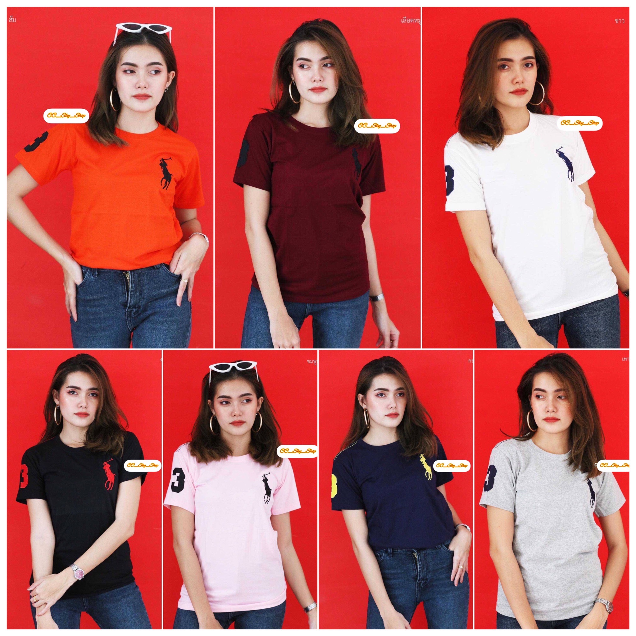 เสื้อยืดแขนสั้น POLO (รูปม้า) งานปักม้า-งานป้าย Cotton100% NO.R01 (SMLXL) - CC_Sky_Shops - ThaiPick