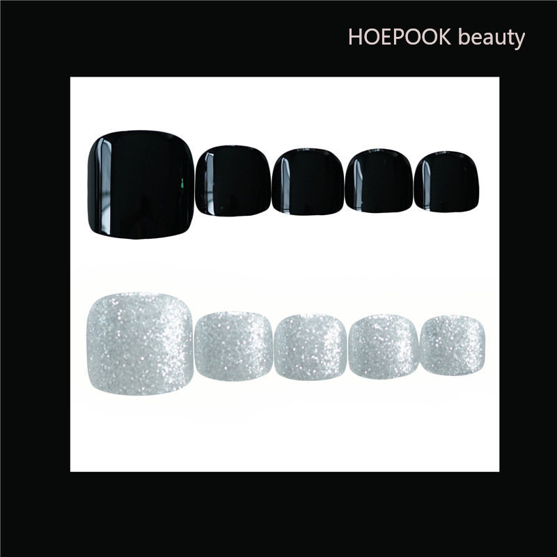 24pcs Black Silver Glitter Reusable Toe Nails Finished Removable False ...